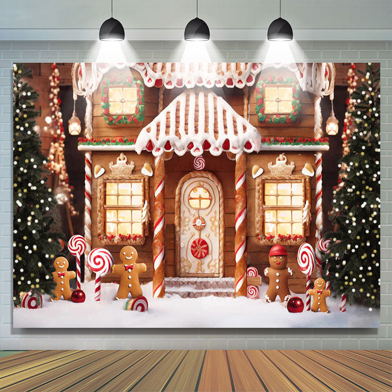 Christmas Tree Bokeh Candy Gingerbread House Backdrop - Lofaris