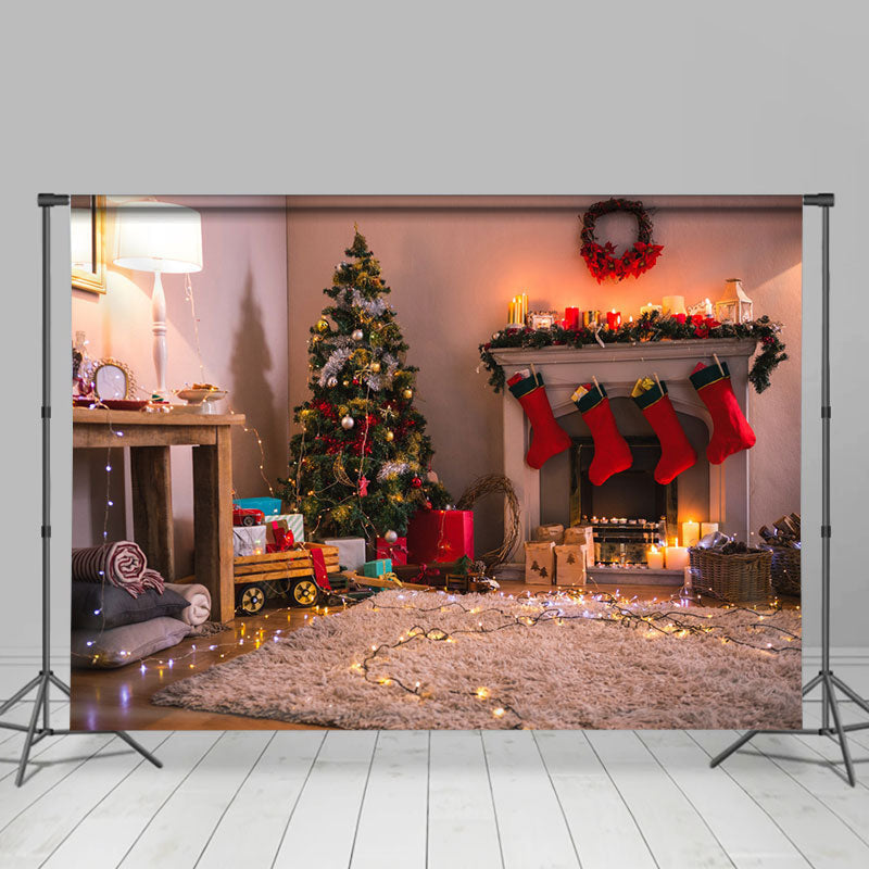 Christmas Tree Wreath Light Fireplace Backdrop - Lofaris