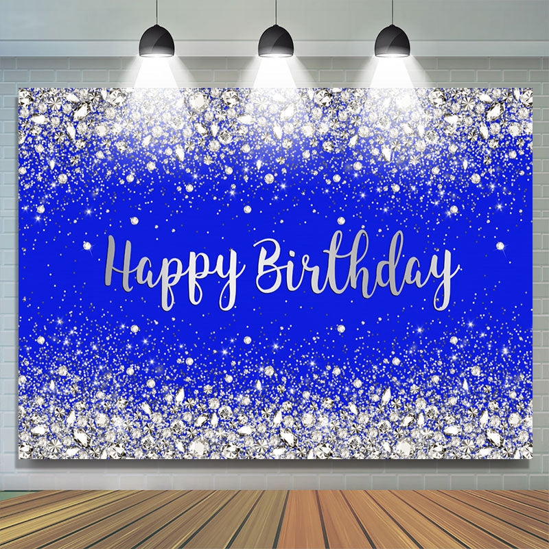 Glitter Silver And Navy Blue Happy Birthday Backdrop Lofaris
