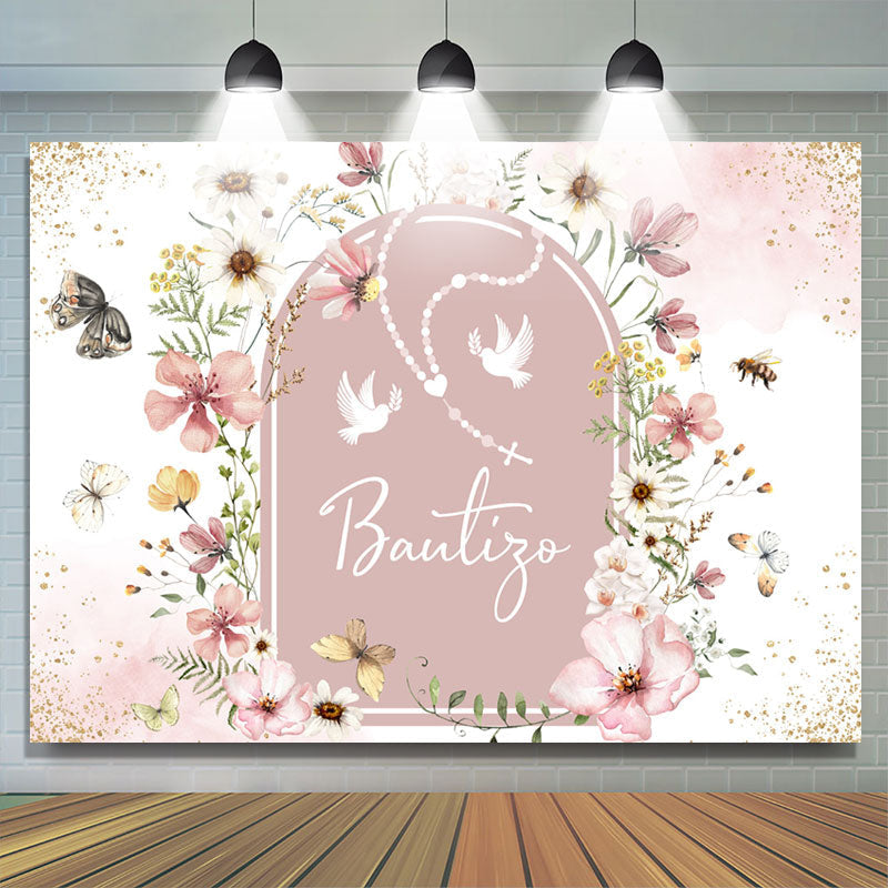 Bautizo Glitter Floral Butterfly Baptism Backdrop - Lofaris