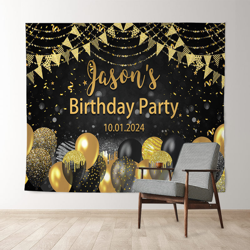 Black Gold Balloon Bokeh Custom Birthday Backdrop - Lofaris