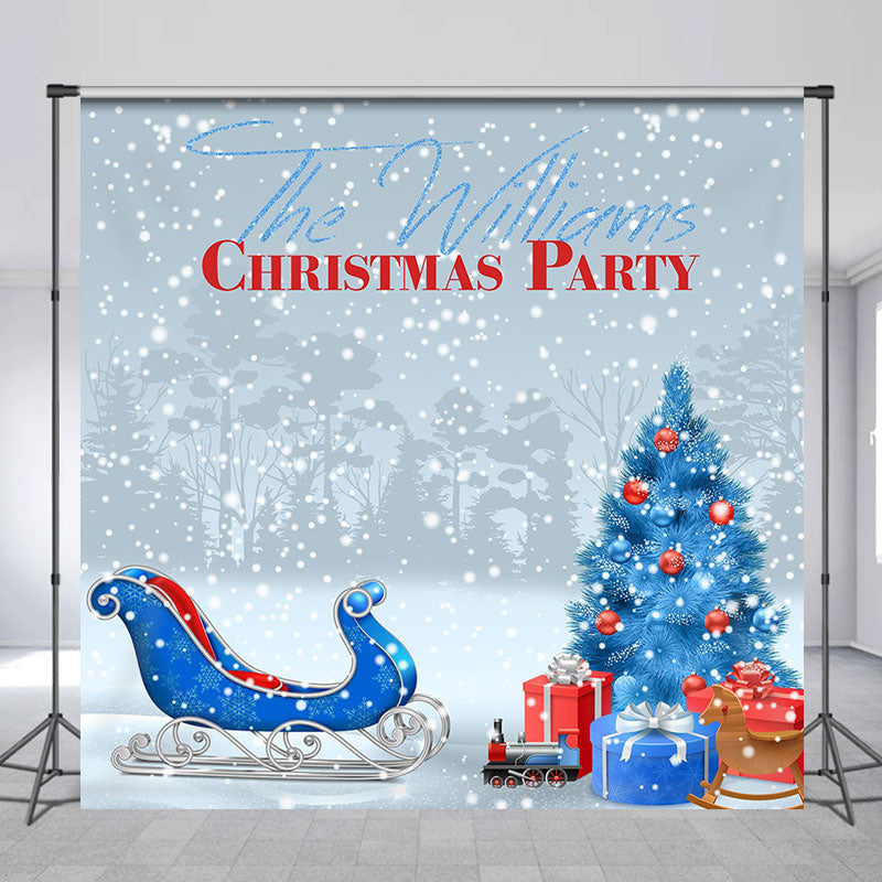 Blue Christmas Tree Sleigh Custom Party Backdrop - Lofaris
