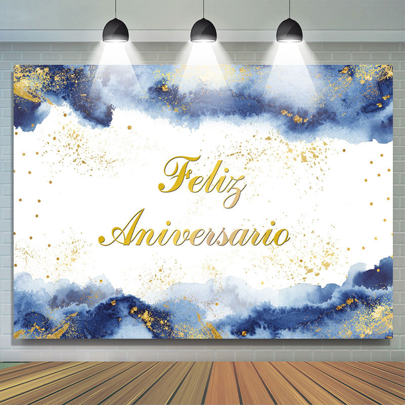 Blue Watercolor Gold Glitter Anniversary Backdrop - Lofaris