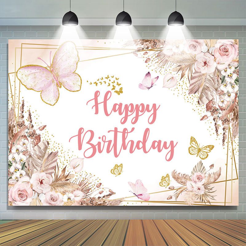 Boho Butterfly Floral Birthday Backdrop For Girl - Lofaris