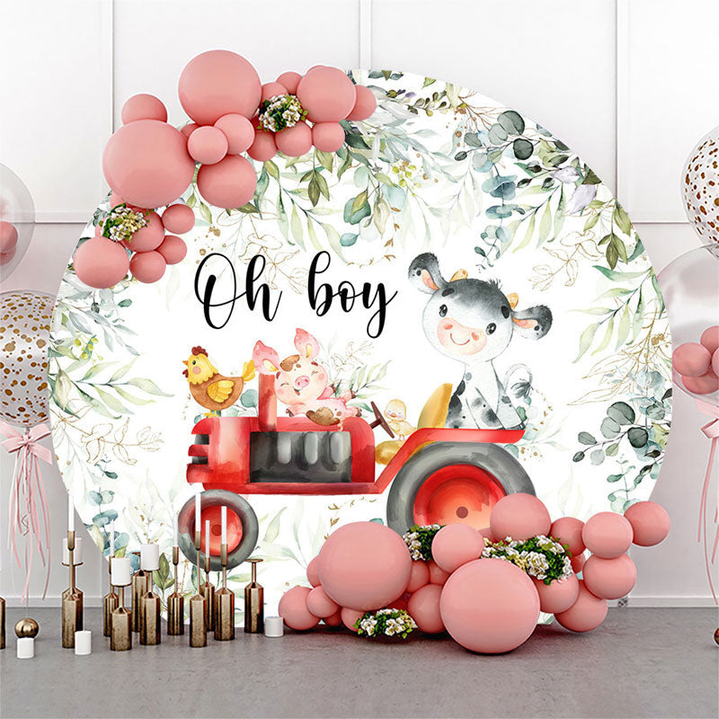 Boho Leaf Animals Oh Boy Round Baby Shower Backdrop – Lofaris
