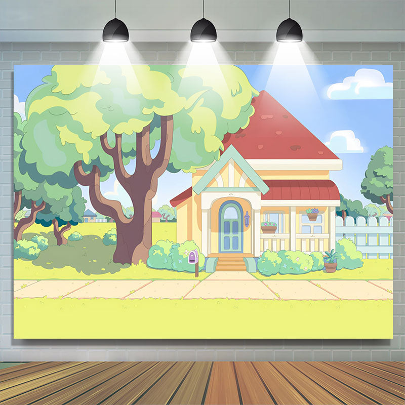 Cartoon Lovely House Trees Garden Backdrop For Party - Lofaris