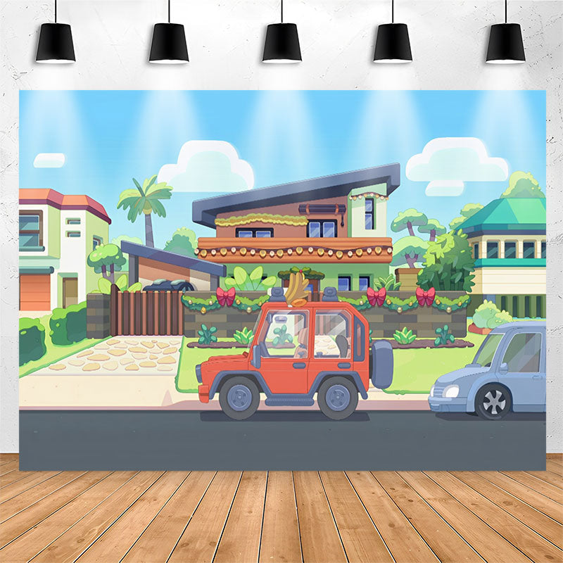 Cartoon Pretty Neighbor House Car Birthday Backdrop - Lofaris