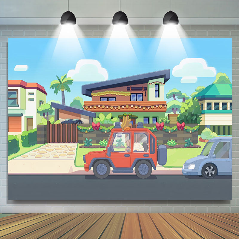 Cartoon Pretty Neighbor House Car Birthday Backdrop - Lofaris