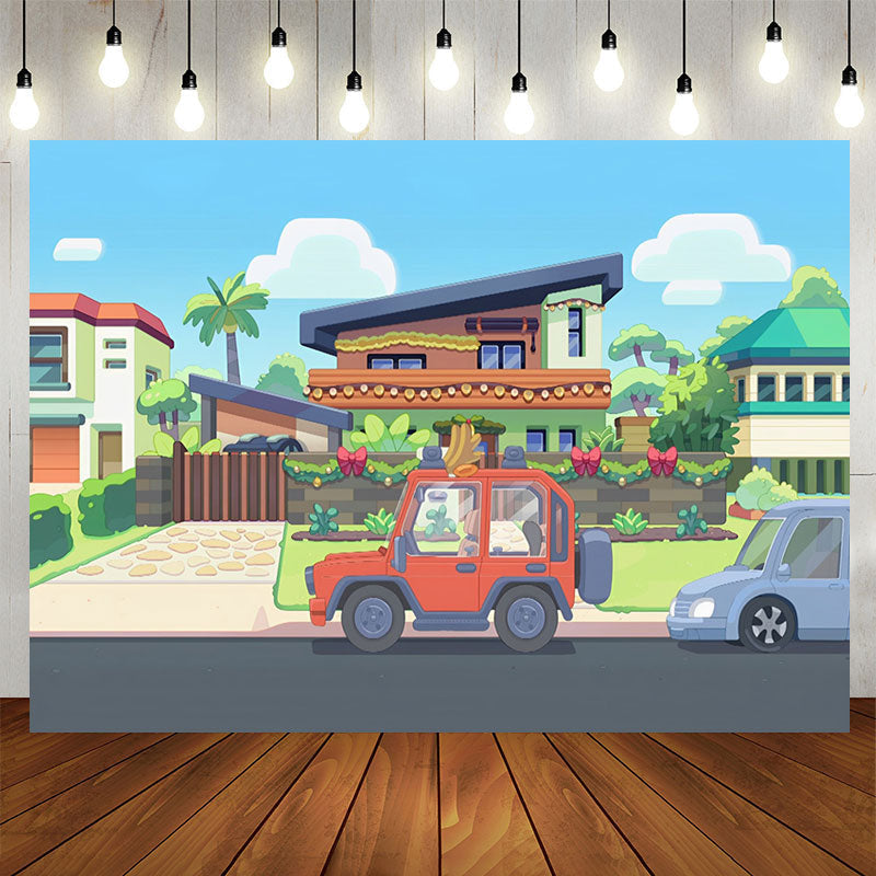 Cartoon Pretty Neighbor House Car Birthday Backdrop - Lofaris