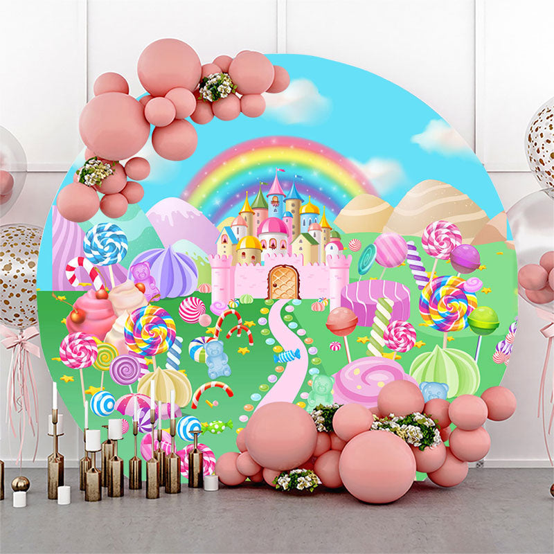 Castle Rainbow Candyland Round Backdrop For Party - Lofaris