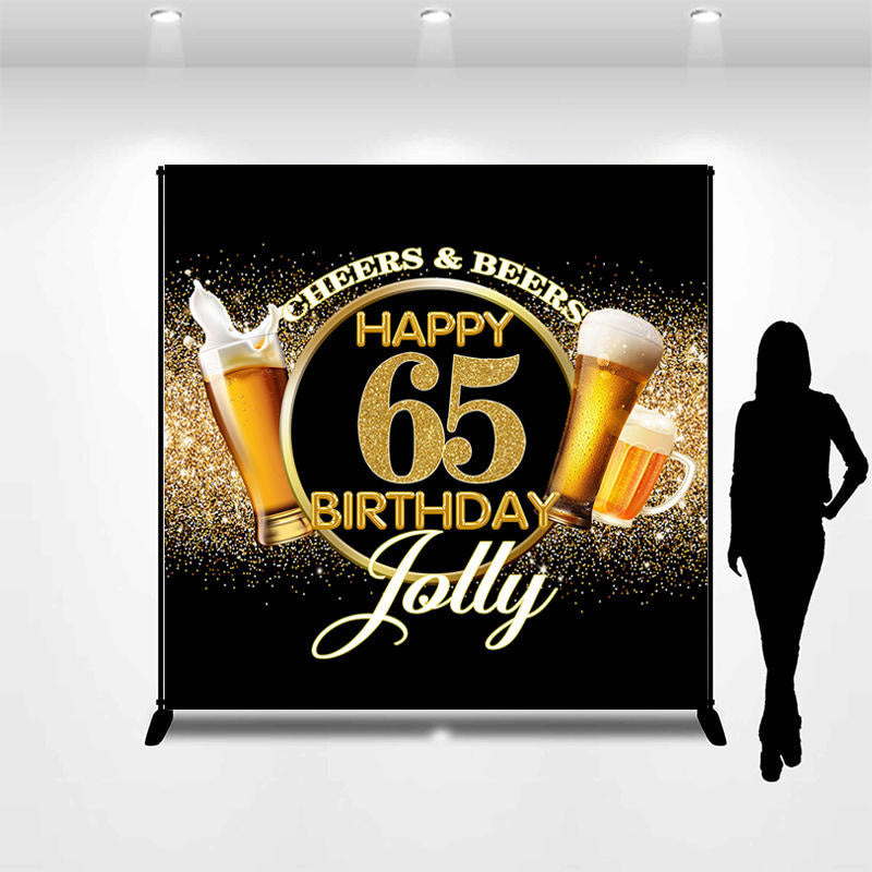 Cheers Glitter Black Custom 65th Birthday Backdrop - Lofaris