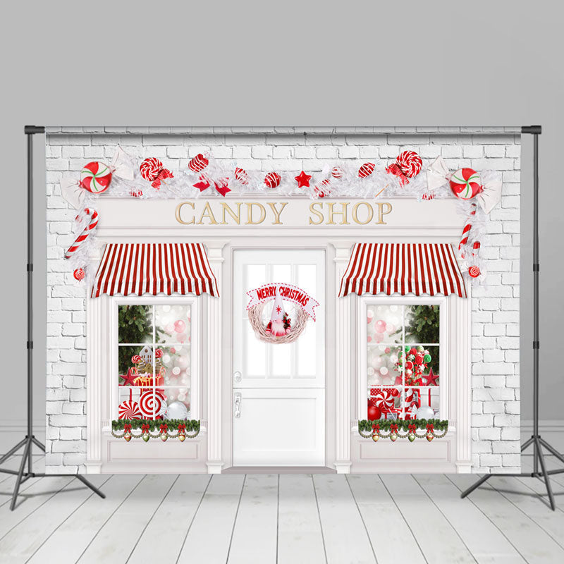 Christmas Candy Shop White Red Backdrop For Photo - Lofaris