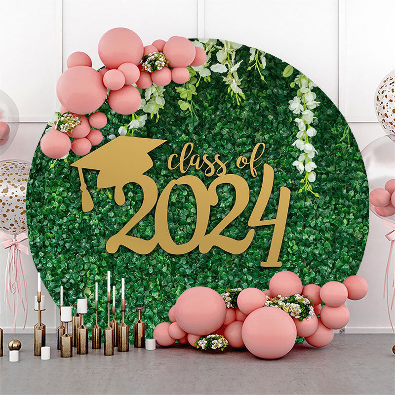 Circle White Floral Green Leaf Class Of 2024 Backdrop - Lofaris