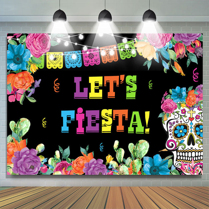 Colorful Floral Skull Lets Fiesta Party Backdrop - Lofaris
