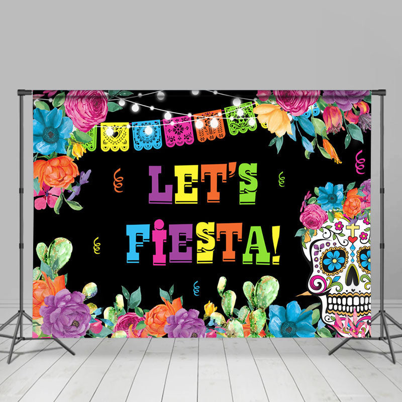 Colorful Floral Skull Lets Fiesta Party Backdrop - Lofaris