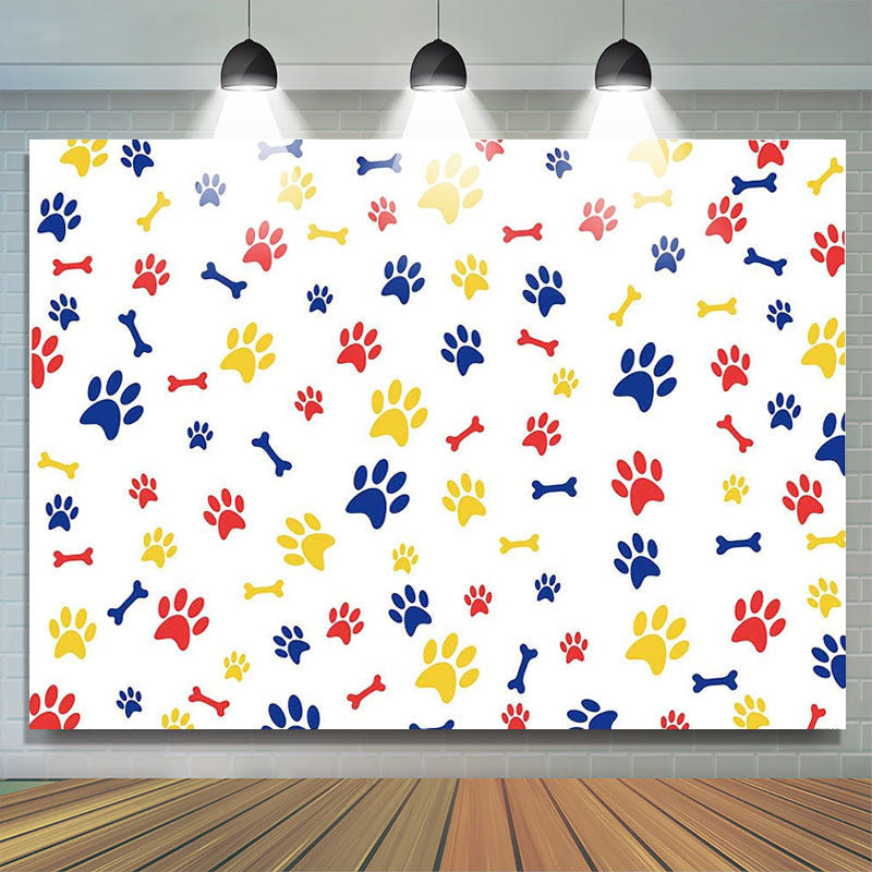Colorful Paws And Bones White Backdrop For Party - Lofaris