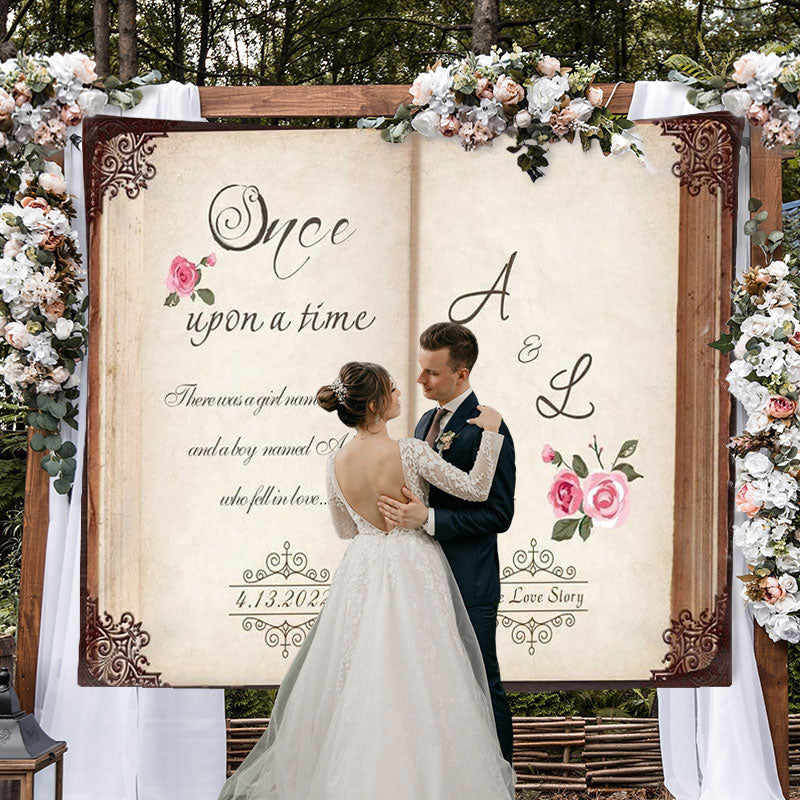 Custom Floral Book Once Upon A Time Wedding Backdrop - Lofaris