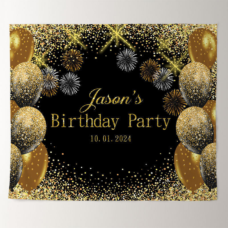 Custom Glitter Gold Balloon Spark Birthday Backdrop - Lofaris