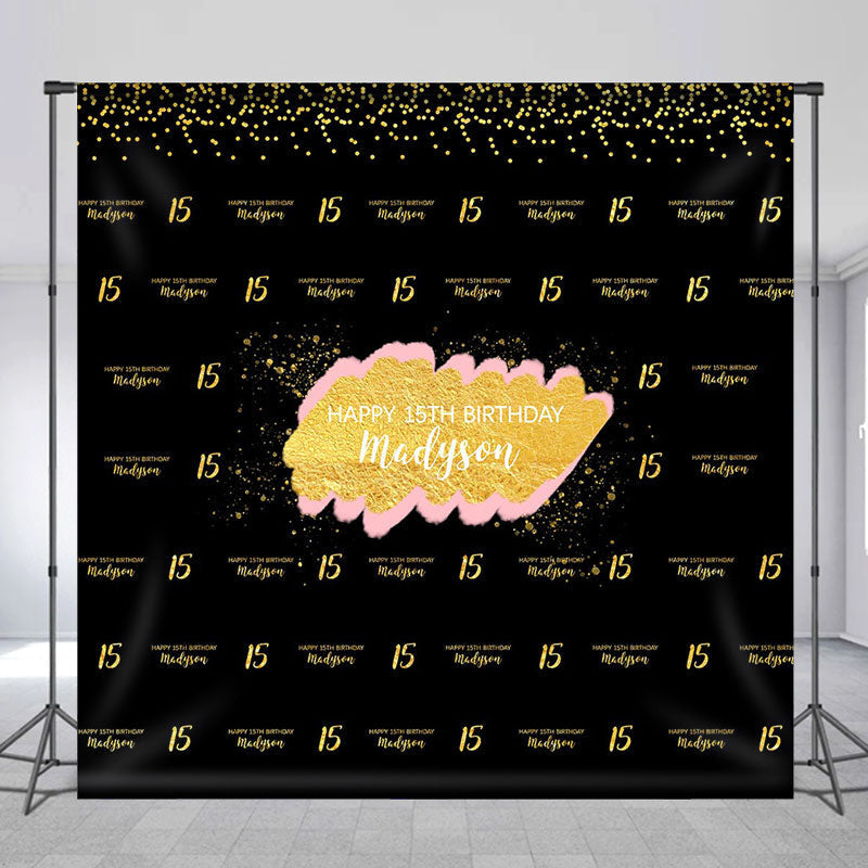 Custom Gold Black Glitter 15th Birthday Backdrop - Lofaris