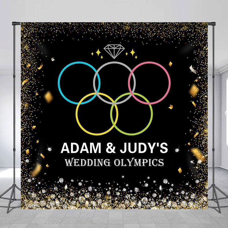 Custom Name Black Gold Olympic Ring Wedding Backdrop - Lofaris