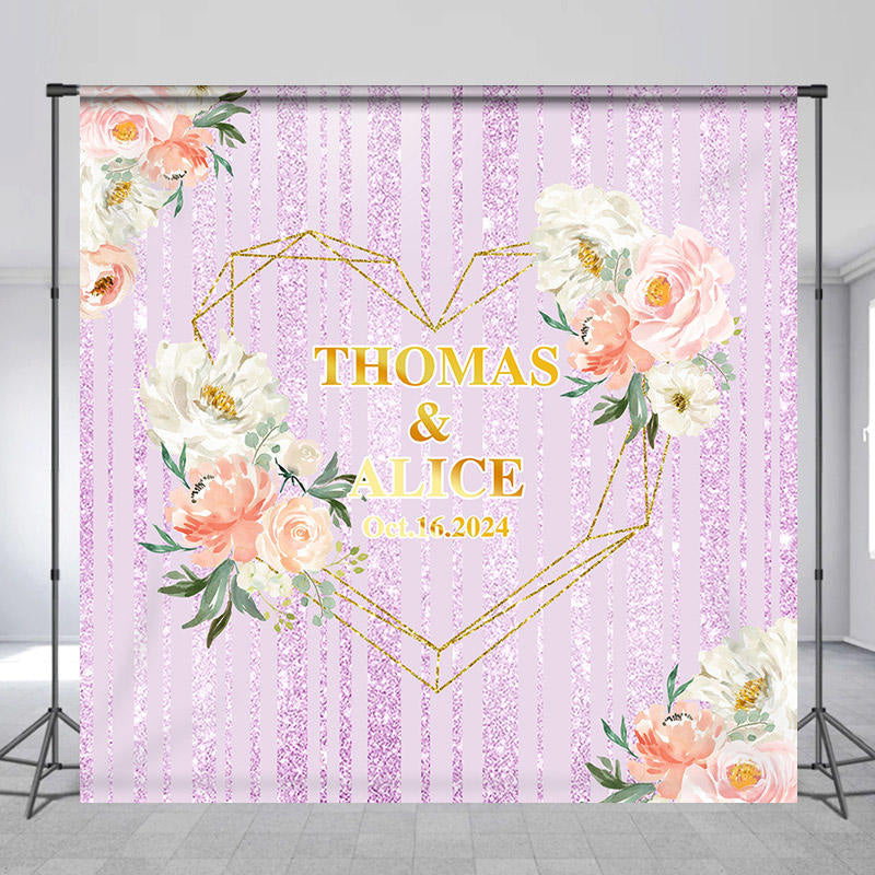 Customized Name Shiny Purple Floral Wedding Backdrop - Lofaris