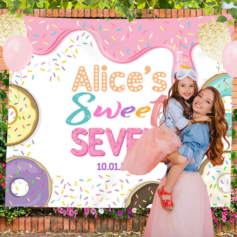 Donuts Candies Cream Custom Sweet 7th Birthday Backdrop - Lofaris