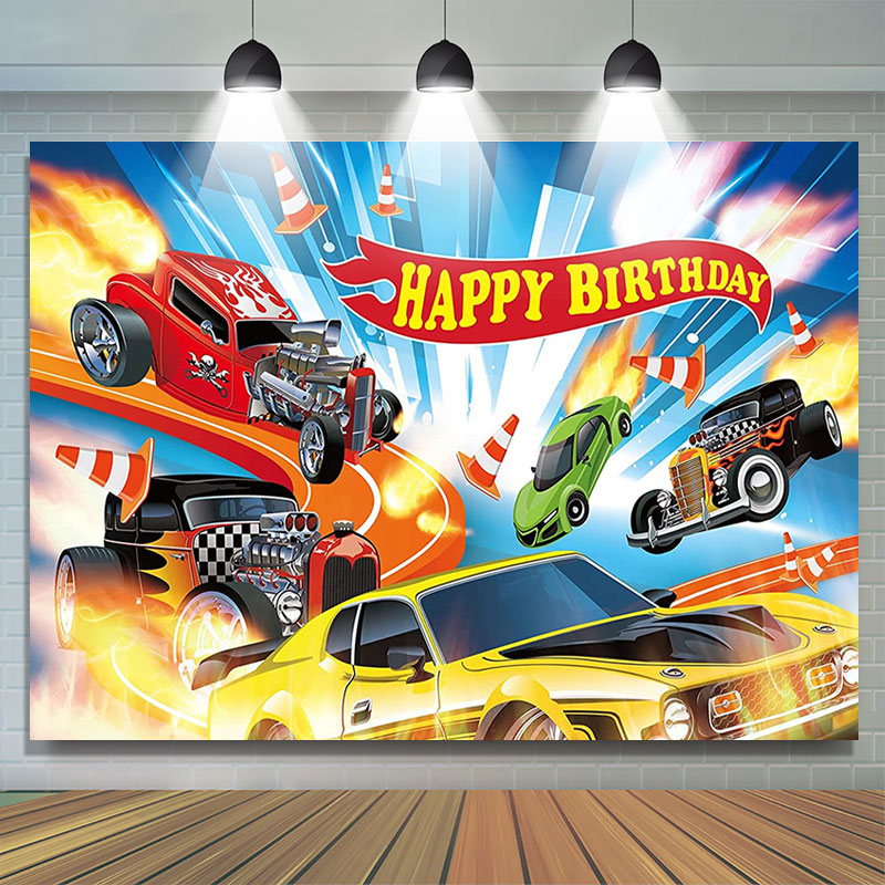 Exciting Racing Cars Blue Birthday Cars Backdrop - Lofaris