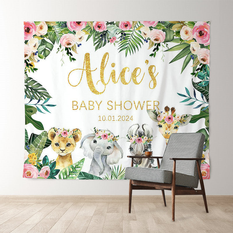 Floral Animals Leaves Safari Custom Name Backdrop - Lofaris