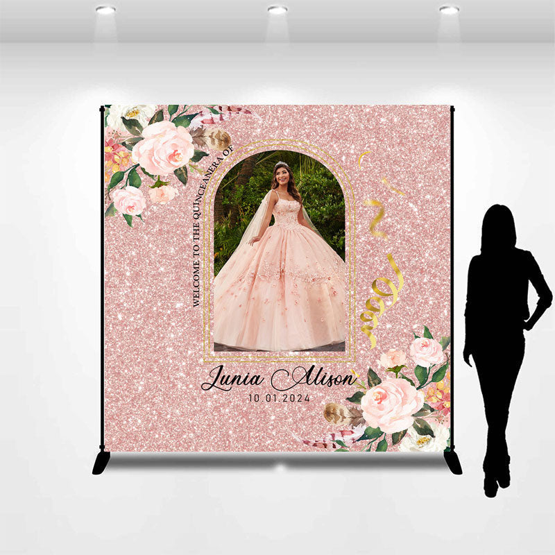 Flower Pink Quinceanera Personalized Photo Backdrop - Lofaris