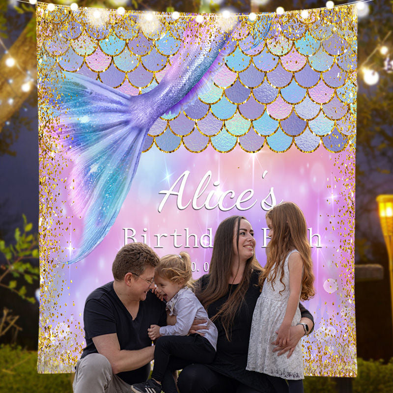 Glitter Mermaid Fishtail Custom Birthday Backdrop - Lofaris