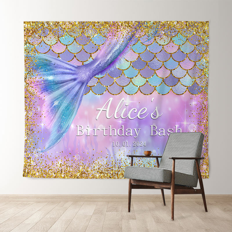 Glitter Mermaid Fishtail Custom Birthday Backdrop - Lofaris