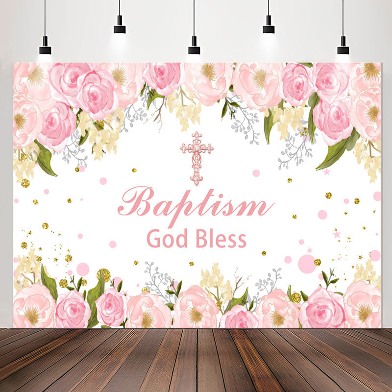 God Bless Pink Floral White Baptism Backdrop For Girls - Lofaris