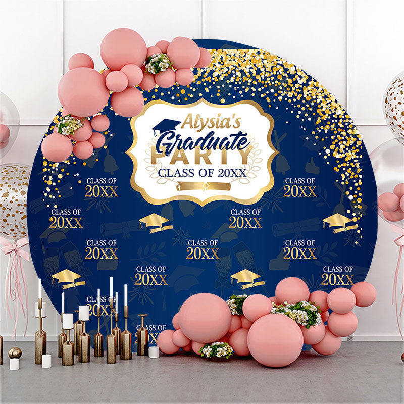 Gold Glitter Navy Blue Round Graduation Party Backdrop - Lofaris