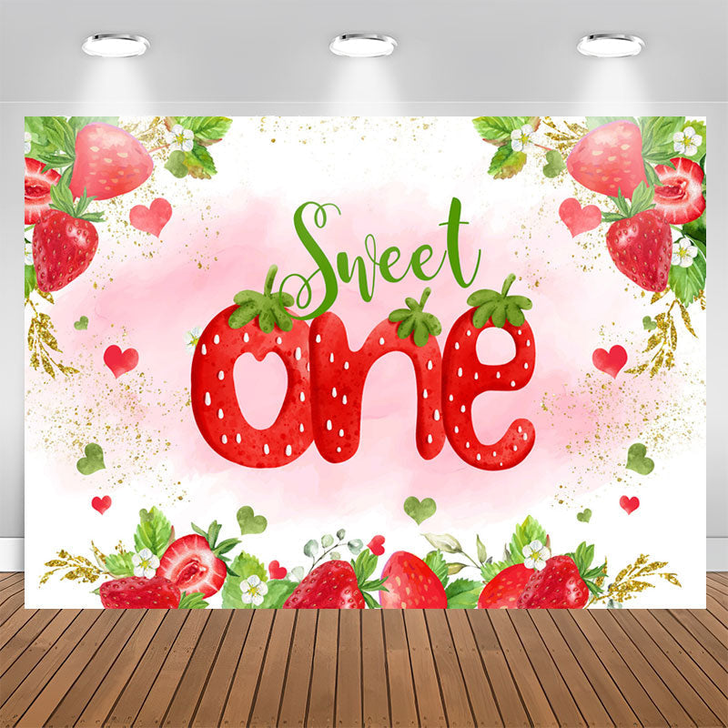 Gold Glitter Strawberries Sweet 1st Birthday Backdrop - Lofaris