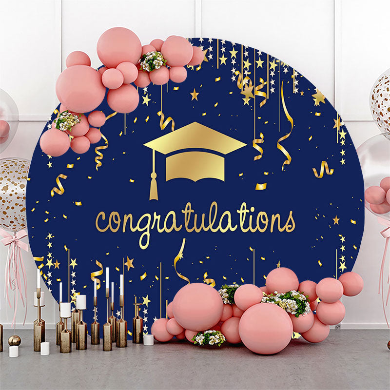 Gold Mortarboard Blue Circle Congrats Grad Backdrop – Lofaris