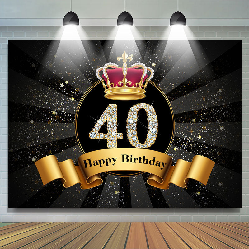 Gold Sparkling Crown Black 40th Birthday Backdrop - Lofaris