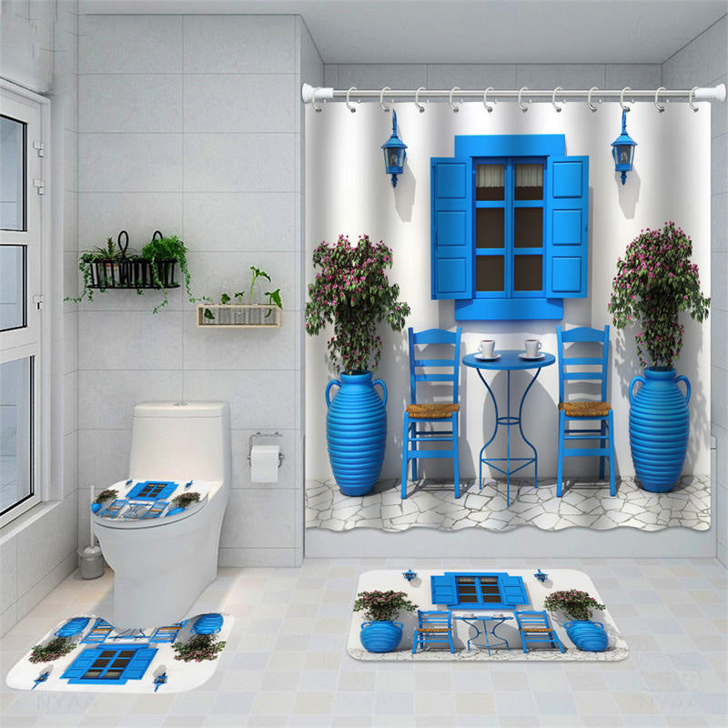 Greek Mediterranean Style Blue White Shower Curtain - Lofaris