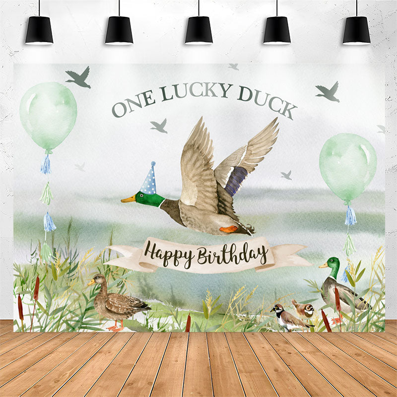 Green Balloon One Lucky Duck Happy Birthday Backdrop - Lofaris