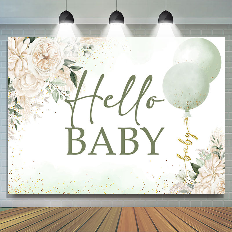 Green White Floral Balloon Hello Baby Shower Backdrop - Lofaris