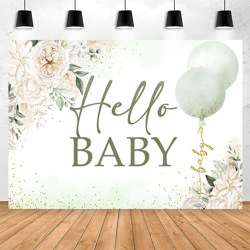 Green White Floral Balloon Hello Baby Shower Backdrop - Lofaris