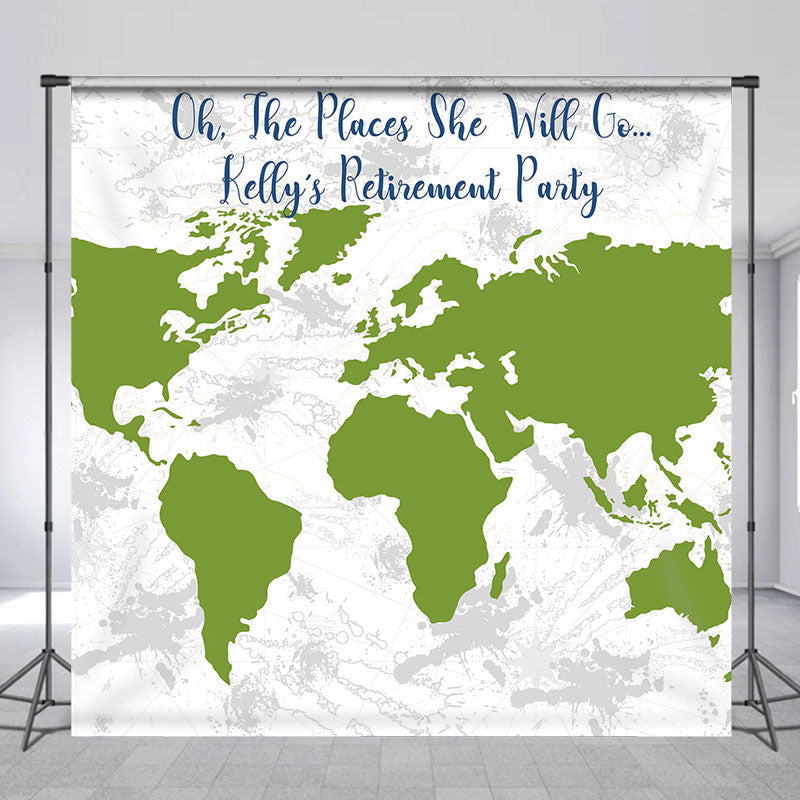 Green World Map Personalized Retirement Backdrop - Lofaris