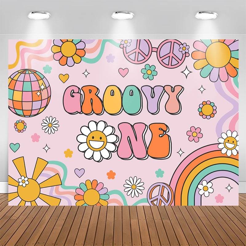Groovy One Floral Rainbow 1st Girls Birthday Backdrop - Lofaris