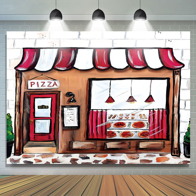 Hand Drawn Modern Red Pizza Shop Party Photo Backdrop - Lofaris