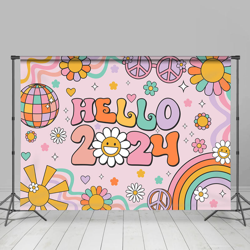 Hello 2024 Groovy Floral Happy New Year Party Backdrop - Lofaris