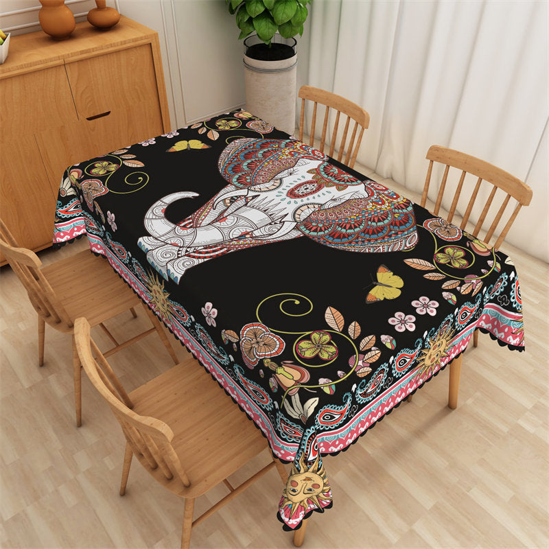 Indian Culture Floral Pattern Elephant Tablecloth - Lofaris