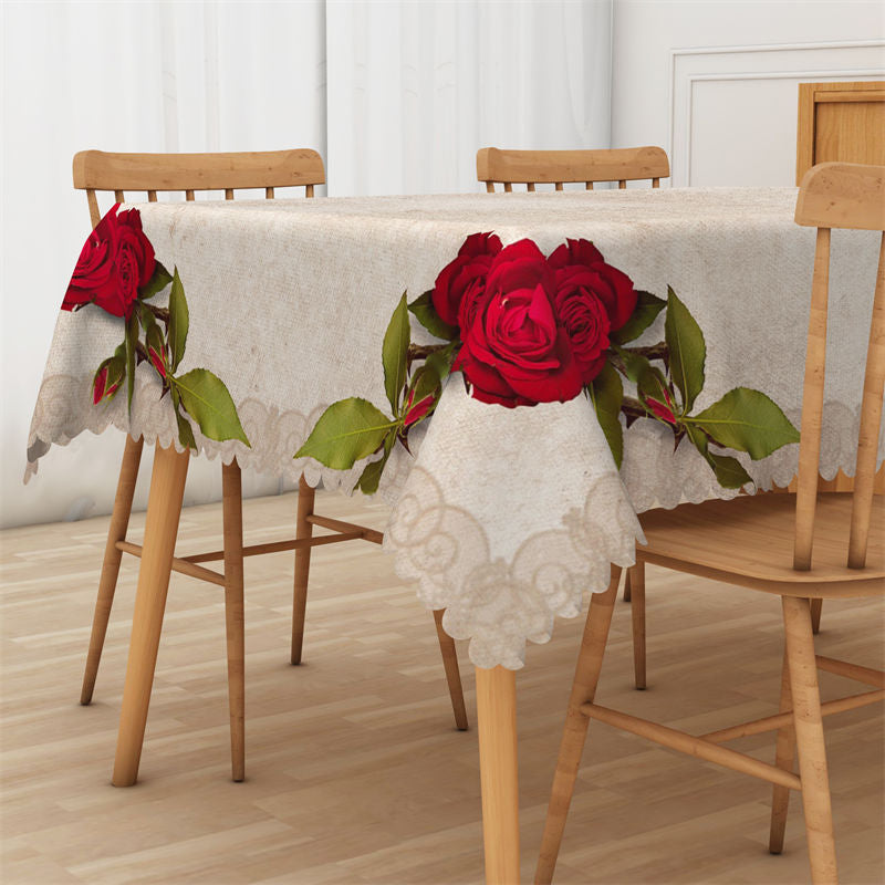 Ivory Red Flower Rectangle Tablecloth for Restaurant - Lofaris