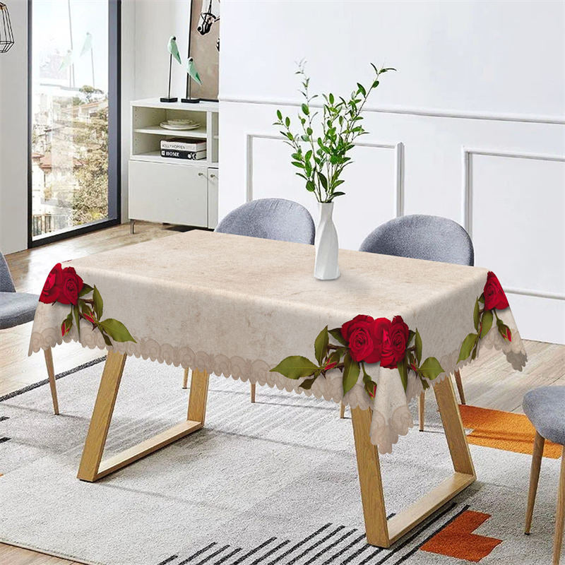 Ivory Red Flower Rectangle Tablecloth for Restaurant - Lofaris
