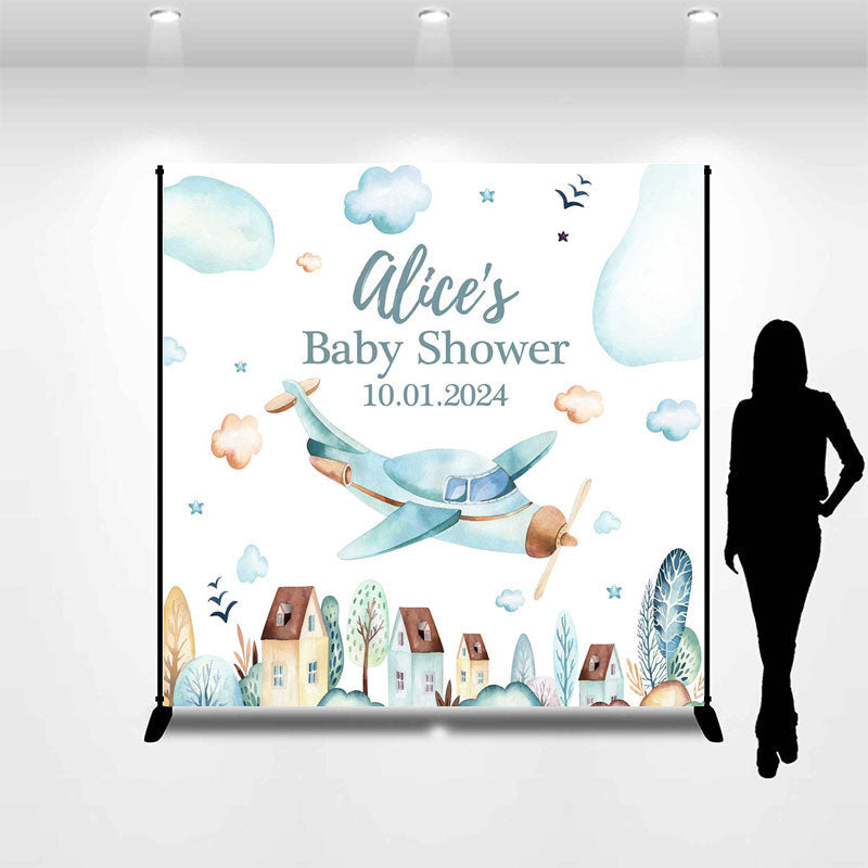 Light Blue Cloud Plane Custom Baby Shower Backdrop - Lofaris