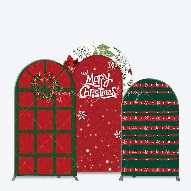 3-Piece Arch Backdrop Set Merry Christmas Red Green, Poinsettia Wreath ...
