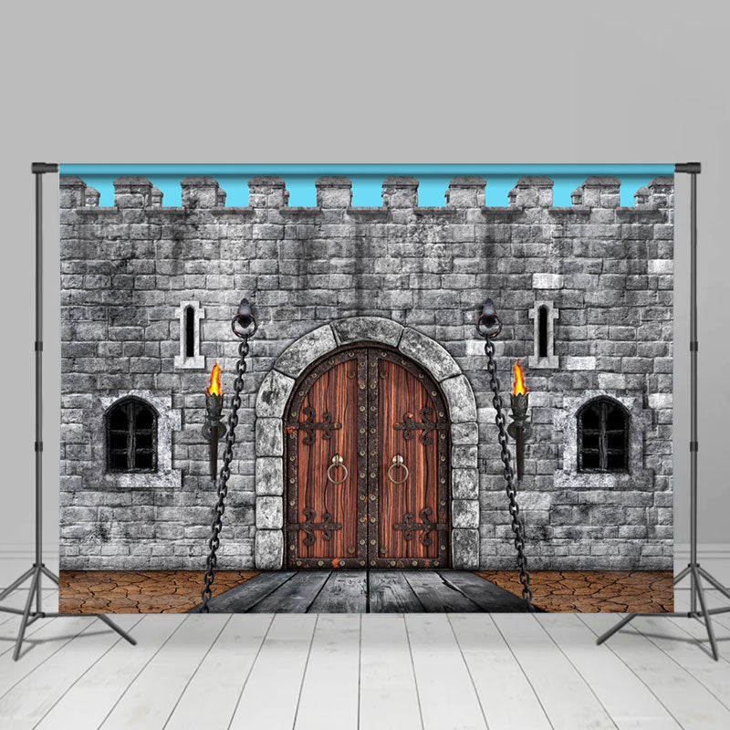 Medieval Grey Brick Wall Castle Wood Door Backdrop - Lofaris